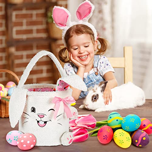 KINQKESO Plush Bunny Easter Basket for Kids, White Fluffy Easter Buckets with Plush Ear - Easter Egg Hunt Basket Bags for Easter Eggs Goodie Candy Party Favor Decorations, Easter Gifts for Boys Girls