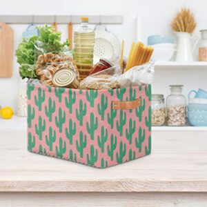 Fabric Storage Bins Cactus Green Pink Small Shelf Basket With Handles Decorative Cubes Box Organizer Containers for Shelves Home Office Decor