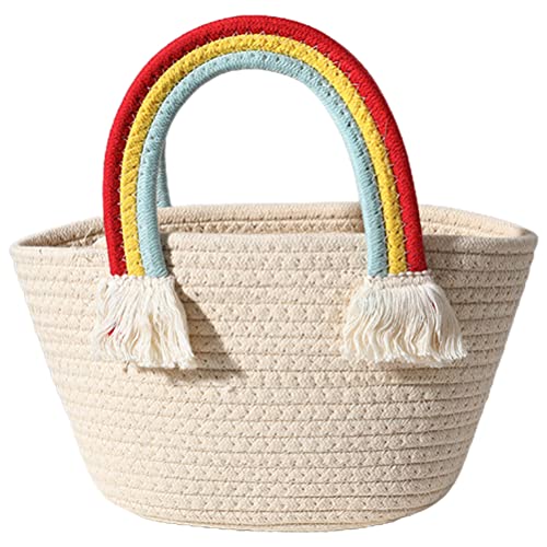 LUOZZY Woven Basket with Rainbow Handle Portable Storage Basket Handbag with Tassel for Woman