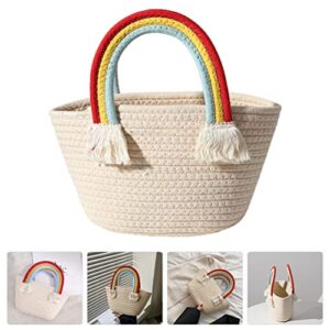 LUOZZY Woven Basket with Rainbow Handle Portable Storage Basket Handbag with Tassel for Woman