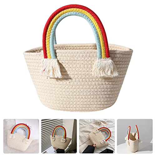 LUOZZY Woven Basket with Rainbow Handle Portable Storage Basket Handbag with Tassel for Woman