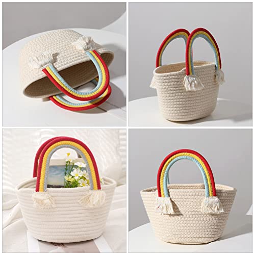 LUOZZY Woven Basket with Rainbow Handle Portable Storage Basket Handbag with Tassel for Woman