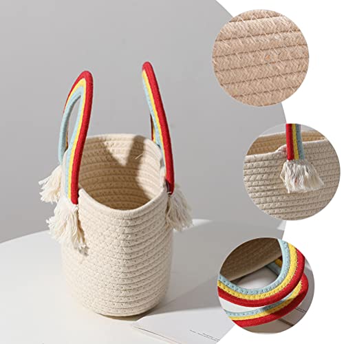 LUOZZY Woven Basket with Rainbow Handle Portable Storage Basket Handbag with Tassel for Woman