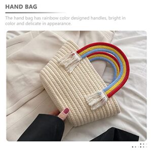 LUOZZY Woven Basket with Rainbow Handle Portable Storage Basket Handbag with Tassel for Woman