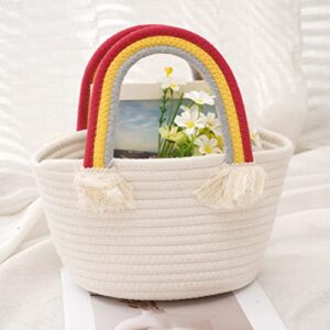 LUOZZY Woven Basket with Rainbow Handle Portable Storage Basket Handbag with Tassel for Woman