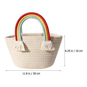 LUOZZY Woven Basket with Rainbow Handle Portable Storage Basket Handbag with Tassel for Woman