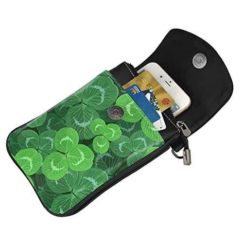 Women's Cell Phone Purse Small Leather Crossbody Bags St Patricks Day Green Shamrock Clover Leaf Grass Printed Wallet Purses with Adjustable Strap Mini Shoulder Bag Card Holder Wallet