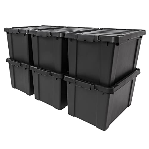 IRIS USA 19 Gallon Heavy-Duty Stackable Storage Totes, Plastic Container Bins with Durable Lids and Secure Latching Buckles for Seasonal Décor, Sporting Equipment, Garage Tool Storage, Black, 6-Pack