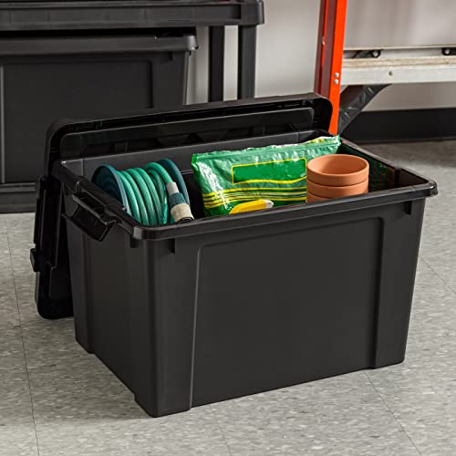 IRIS USA 19 Gallon Heavy-Duty Stackable Storage Totes, Plastic Container Bins with Durable Lids and Secure Latching Buckles for Seasonal Décor, Sporting Equipment, Garage Tool Storage, Black, 6-Pack