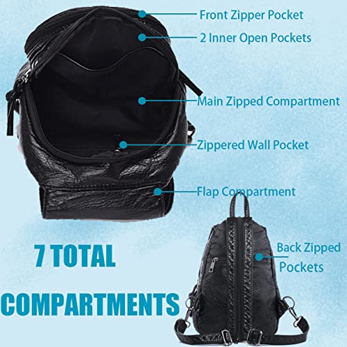 HUAZHIMAO Mini Backpack Purse for Women, Small Convertible Backpacks Ladies Soft Washed PU Leather Rucksack Fashion Daypack Purses Black Sling Travel Shoulder Handbag Bag