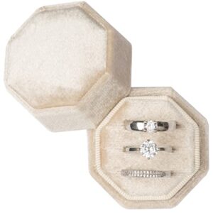 Equal Octagon Velvet Ring Box Storage 3 Slots for Wedding Ceremony Proposal Engagement Birthday Gift (Beige)