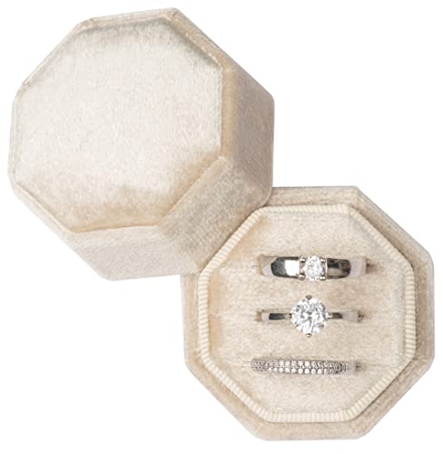 Equal Octagon Velvet Ring Box Storage 3 Slots for Wedding Ceremony Proposal Engagement Birthday Gift (Beige)