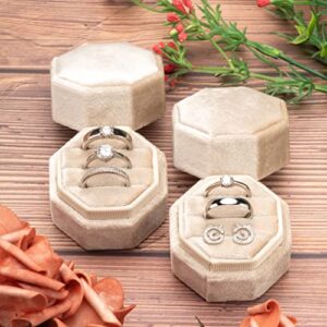 Equal Octagon Velvet Ring Box Storage 3 Slots for Wedding Ceremony Proposal Engagement Birthday Gift (Beige)