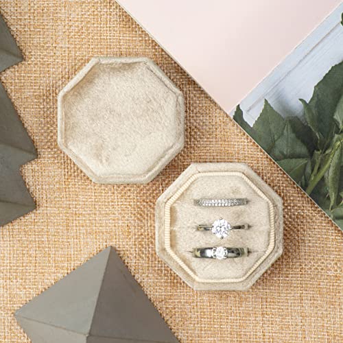 Equal Octagon Velvet Ring Box Storage 3 Slots for Wedding Ceremony Proposal Engagement Birthday Gift (Beige)