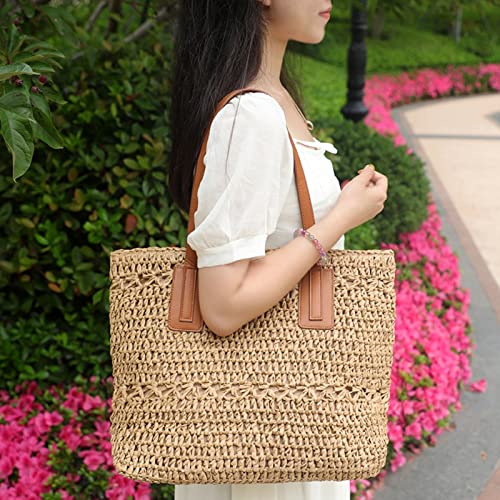 Straw Bag for Women Woven Beach Structured Tote Handmade Crochet Carteras De Mujer Summer Shoulder Bohemian Hobo Pom Travel