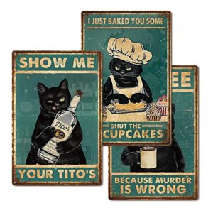 vintage funny black cat signs posters 3 pack (coffee, tito’s, cake funny signs) duplex printed retro kitchen bar wall decor for home, office, cafe wall art, gift for cat lover, 8×12 inches