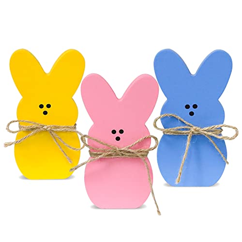 3Pcs LEBERY Easter Bunny Wooden Table Centerpieces Sign Wood Bunny Peeps Rabbit Shape Tiered Tray Decor Rustic Farmhouse Decor Easter Bunny Decor for Spring Home Office Dining Room Mantel Tabletop