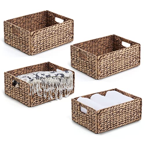 BLUEWEST Woven Baskets for Storage (Set of 4), 15.2" x 11.8" Natural Wicker Hyacinth Storage Basket with Firm Built-in Handles, Multifunction Handwoven Basket for Organizing Kitchen/Bathroom/Laundry Room/Wardrobe/Living Room