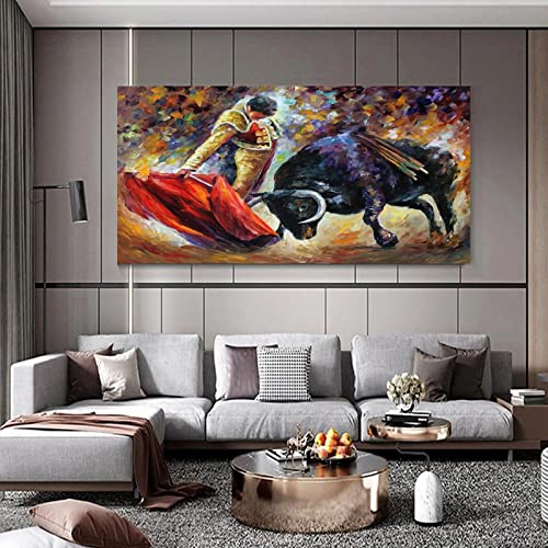 Oil Painting on Canvas Posters Spanish Bullfighter and Bull Wall Art Competition Posters for Room Canvas Posters & Prints Picture for Living Room Bedroom Office Kitchen Decor 20x40inch(50x100cm)