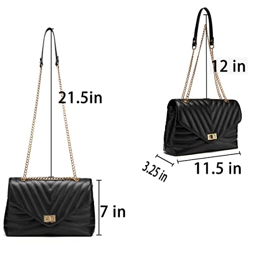 Large Crossbody Bags for Women Stylish Quilted Flap Bag with Adjustable Golden Shoulder Chain Strap (Black)