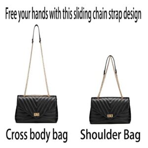 Large Crossbody Bags for Women Stylish Quilted Flap Bag with Adjustable Golden Shoulder Chain Strap (Black)