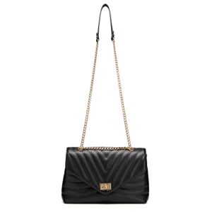 Large Crossbody Bags for Women Stylish Quilted Flap Bag with Adjustable Golden Shoulder Chain Strap (Black)