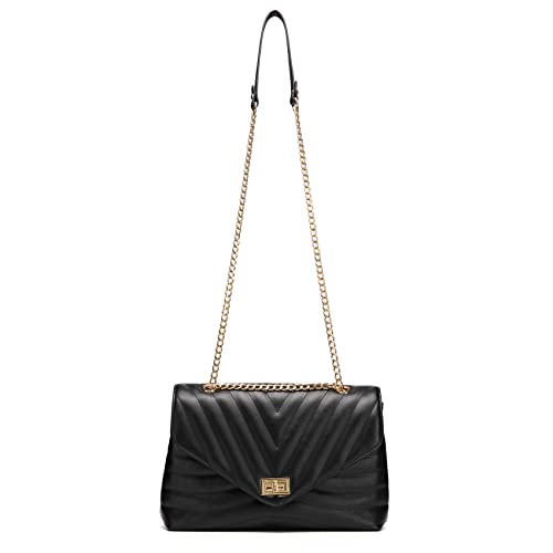 Large Crossbody Bags for Women Stylish Quilted Flap Bag with Adjustable Golden Shoulder Chain Strap (Black)