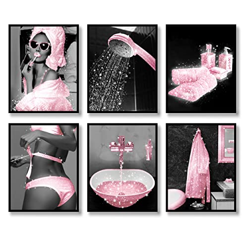 Fashion Wall Art Bathroom Wall Decor Prints Set of 6 Black and White Pink Glam Glitter Canvas Posters Pictures Photos Funny Bathroom Artwork Wall Modern Women for Bathroom (B&W PINK, 8"x10" UNFRAMED)