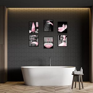 Fashion Wall Art Bathroom Wall Decor Prints Set of 6 Black and White Pink Glam Glitter Canvas Posters Pictures Photos Funny Bathroom Artwork Wall Modern Women for Bathroom (B&W PINK, 8"x10" UNFRAMED)