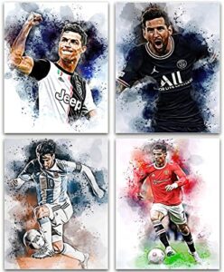 cristiano ronaldo and lionel messi wall art posters, watercolor soccer superstar canvas posters, inspirational football sports art prints for office living room home decor, set of 4 (8″x10″ unframed)