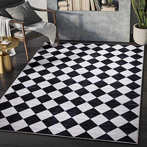 Abani Rectangular Area Rugs 6' x 9' Cream Black Checkered Diamond Machine Washable, Stain Resistant and Non-Shedding Polypropylene Large Rugs Modern Design