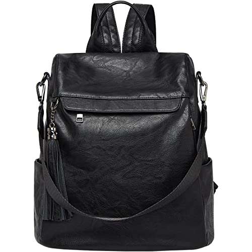 FOXLOVER Convertible Backpack Purse for Women Vegan Leather Anti-theft Fashion Large Travel Shoulder Bag with Tassel (Black)