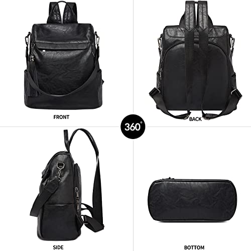 FOXLOVER Convertible Backpack Purse for Women Vegan Leather Anti-theft Fashion Large Travel Shoulder Bag with Tassel (Black)