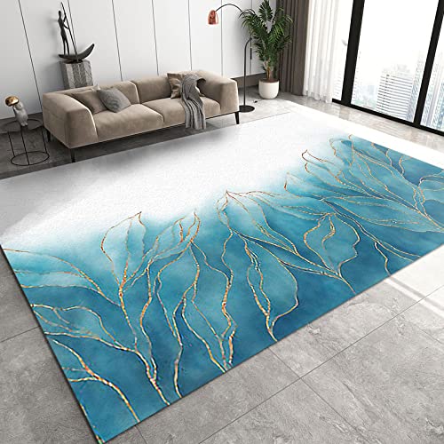 Modern European Style White Blue Plant Leaves Area Rug, Abstract Golden Geometric Line Art Bedroom Rug, with Anti-Slip Easy Clean Carpet for Living Room Bedroom Kitchen Dining Room-5x7ft