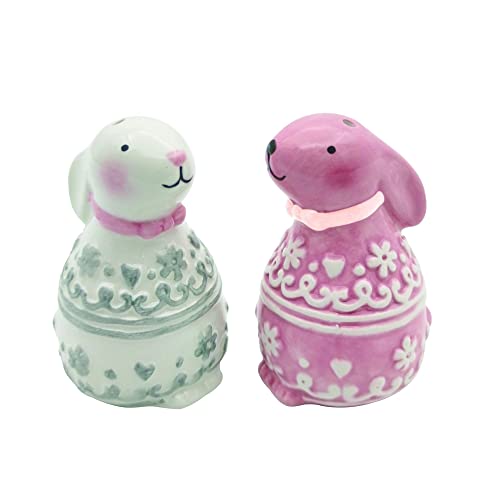 Transpac Pink and White Patterned Bunny 3 x 2 Ceramic Salt and Pepper Shaker Set