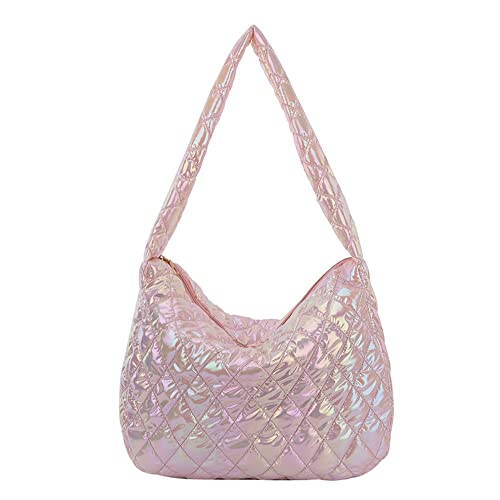 Puffer Tote Bag Quilted Crossbody Bag for Women Trendy Puffy Purse Messenger Handbags Down Padded Shoulder Bag (Pink)