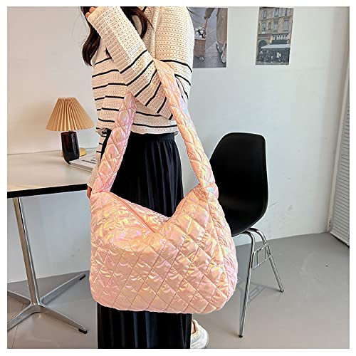 Puffer Tote Bag Quilted Crossbody Bag for Women Trendy Puffy Purse Messenger Handbags Down Padded Shoulder Bag (Pink)