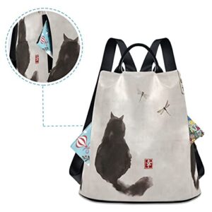 Mcyhzjd Backpack Purse, Vintage Black Fluffy Cat with Dragonfly Anti-theft Casual College School Ladies Fashion Shoulder Bag