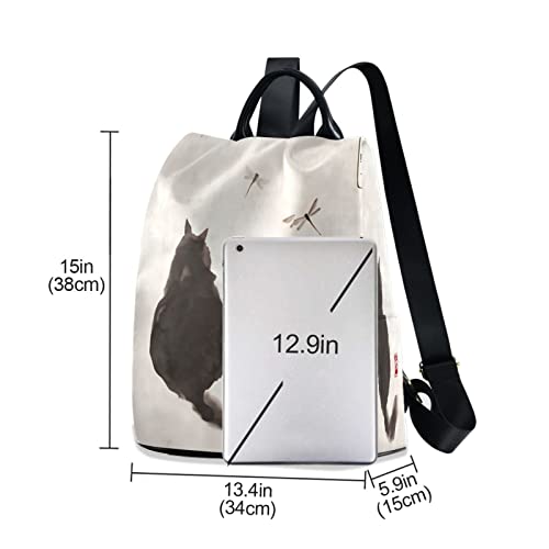 Mcyhzjd Backpack Purse, Vintage Black Fluffy Cat with Dragonfly Anti-theft Casual College School Ladies Fashion Shoulder Bag