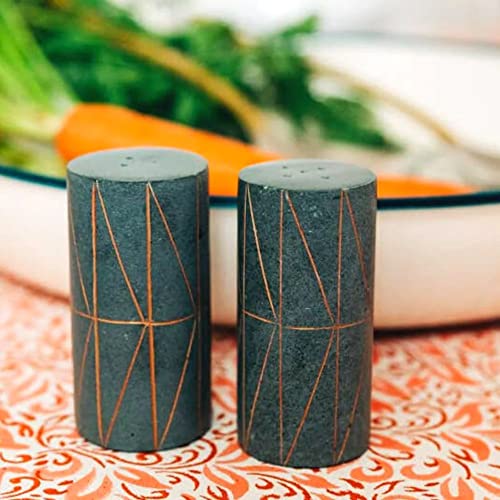 India Grey Carved Soapstone Copper Geometric Etched Salt Pepper Shakers Set of 2