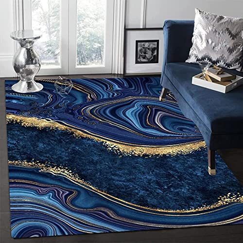 Nordic Navy Blue Gold Marble Area Carpet, Luxury Abstract Stain Resistant Living Room Rug, Soft Rug Breathable Non-Shedding Washable for Bedroom Living Room Boy Girl Decor5 x 6ft