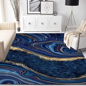 Nordic Navy Blue Gold Marble Area Carpet, Luxury Abstract Stain Resistant Living Room Rug, Soft Rug Breathable Non-Shedding Washable for Bedroom Living Room Boy Girl Decor5 x 6ft