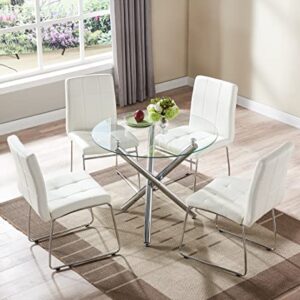 Modern Round Glass Dining Table Set for 4 - Faux Leather Metal Frame Chairs and Tempered Glass Table - 5 Pieces Kitchen Dining Table Set for Dining Room, Kitchen, Dinette, Compact Space (White)