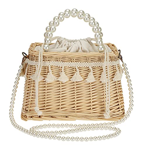 TaiGuri Women's Handmade Rattan Basket Artificial Pearl Woven Purse Handbag Tote Shoulder Bag Beige