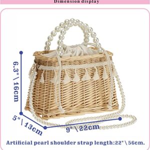 TaiGuri Women's Handmade Rattan Basket Artificial Pearl Woven Purse Handbag Tote Shoulder Bag Beige