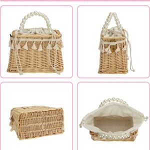 TaiGuri Women's Handmade Rattan Basket Artificial Pearl Woven Purse Handbag Tote Shoulder Bag Beige