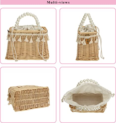 TaiGuri Women's Handmade Rattan Basket Artificial Pearl Woven Purse Handbag Tote Shoulder Bag Beige