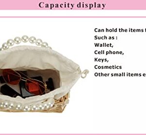 TaiGuri Women's Handmade Rattan Basket Artificial Pearl Woven Purse Handbag Tote Shoulder Bag Beige