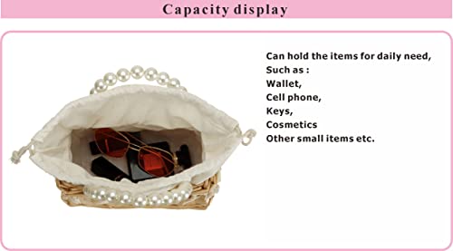 TaiGuri Women's Handmade Rattan Basket Artificial Pearl Woven Purse Handbag Tote Shoulder Bag Beige