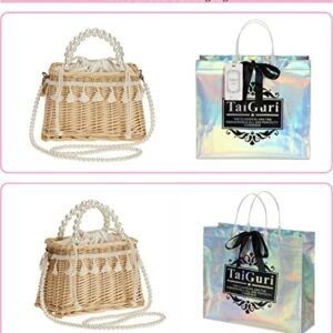 TaiGuri Women's Handmade Rattan Basket Artificial Pearl Woven Purse Handbag Tote Shoulder Bag Beige